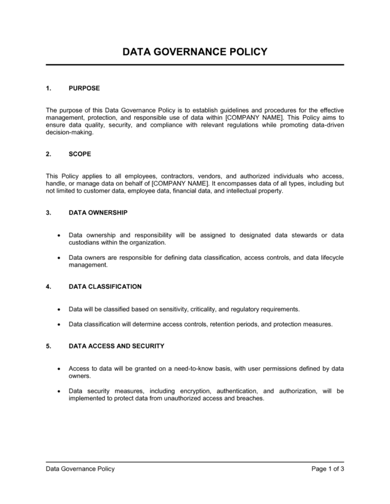 Sample Data Governance Policy Template - BC Heathers Society