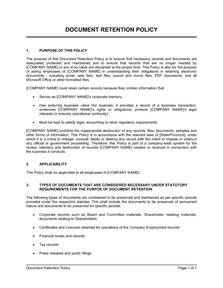 Sample Email Retention Policy Template - BC Heathers Society