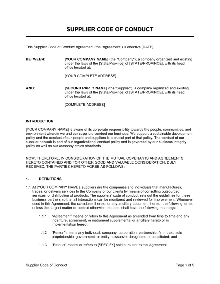 Supplier Code Of Conduct Policy Template - BC Heathers Society